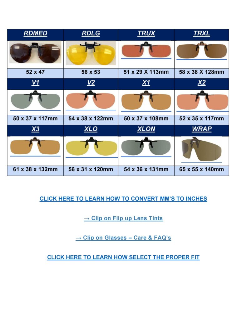 Polarized Clip on Flip up Sizing Chart - VS Eyewear